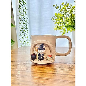 Witch cat and the cauldron. wizard world, magic white Handmade ceramic cup, Hand-painted mug, Unique Surprise gift for Christmas or Birthday. Dishwasher and Microwave safe