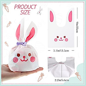 100 Pcs Cute Bunny Long Ear Candy Gift Bags Easter Goodie Bags Easter Bunny Gift Bag Plastic Easter Party Treat Bags with 100 Twist Tie Bow for Party Favors, Wedding Birthday Supplies