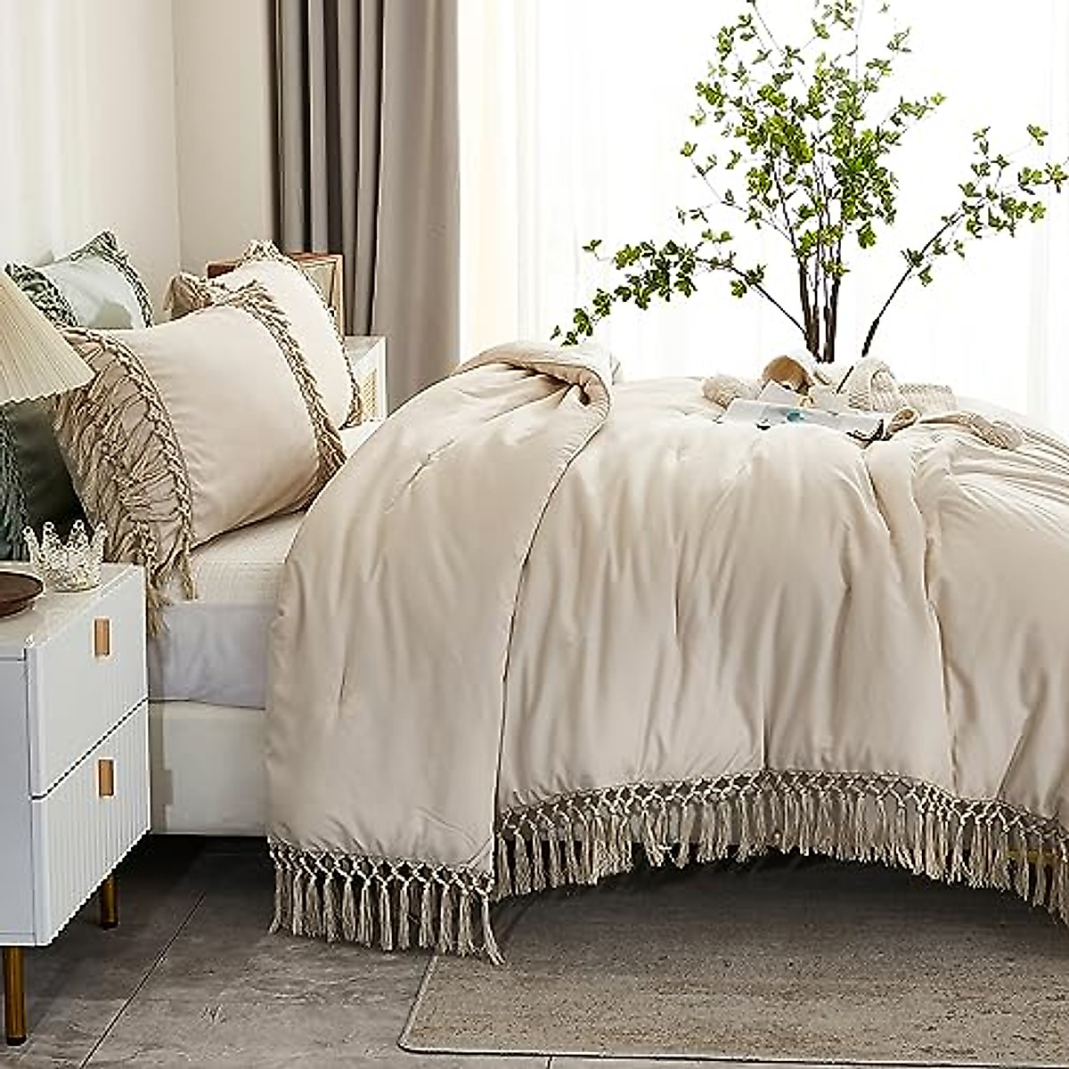 Andency King Size Comforter Set Beige, 3 Pieces Boho Tassel Lightweight Soft Bedding Comforter Sets for King Bed, All Season Fluffy Bed Set (104x90In Comforter & 2 Pillowcases)