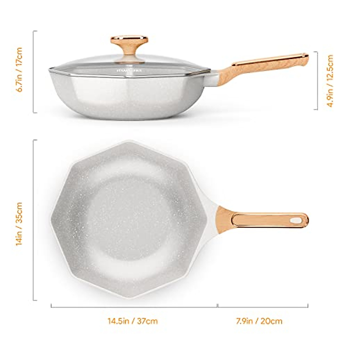 ITSMILLERS Ceramic Nonstick Octagonal Wok 12.5 inch Die-cast Induction Woks and Stir Fry Pans with Glass Lid PFOA Free (Cream White)