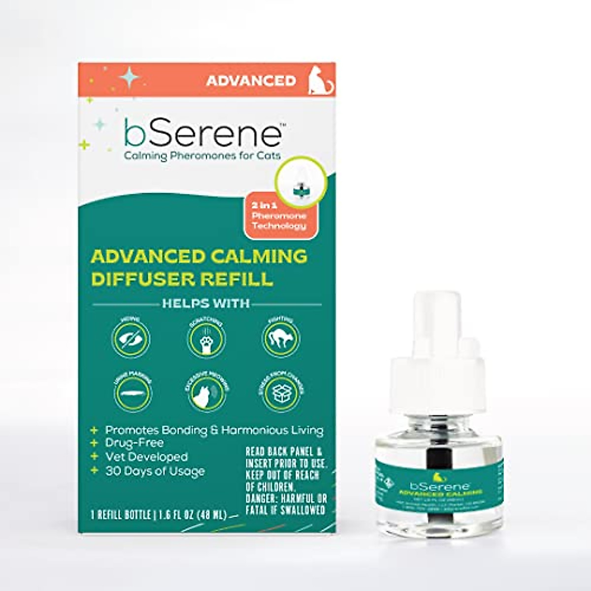 bSerene Advanced Pheromone Calming Solution for Cats 30-Day Diffuser Refill Helps Reduce Hiding, Scratching, Stress, Spraying for Single & Multi-Cat Homes, Promotes Bonding