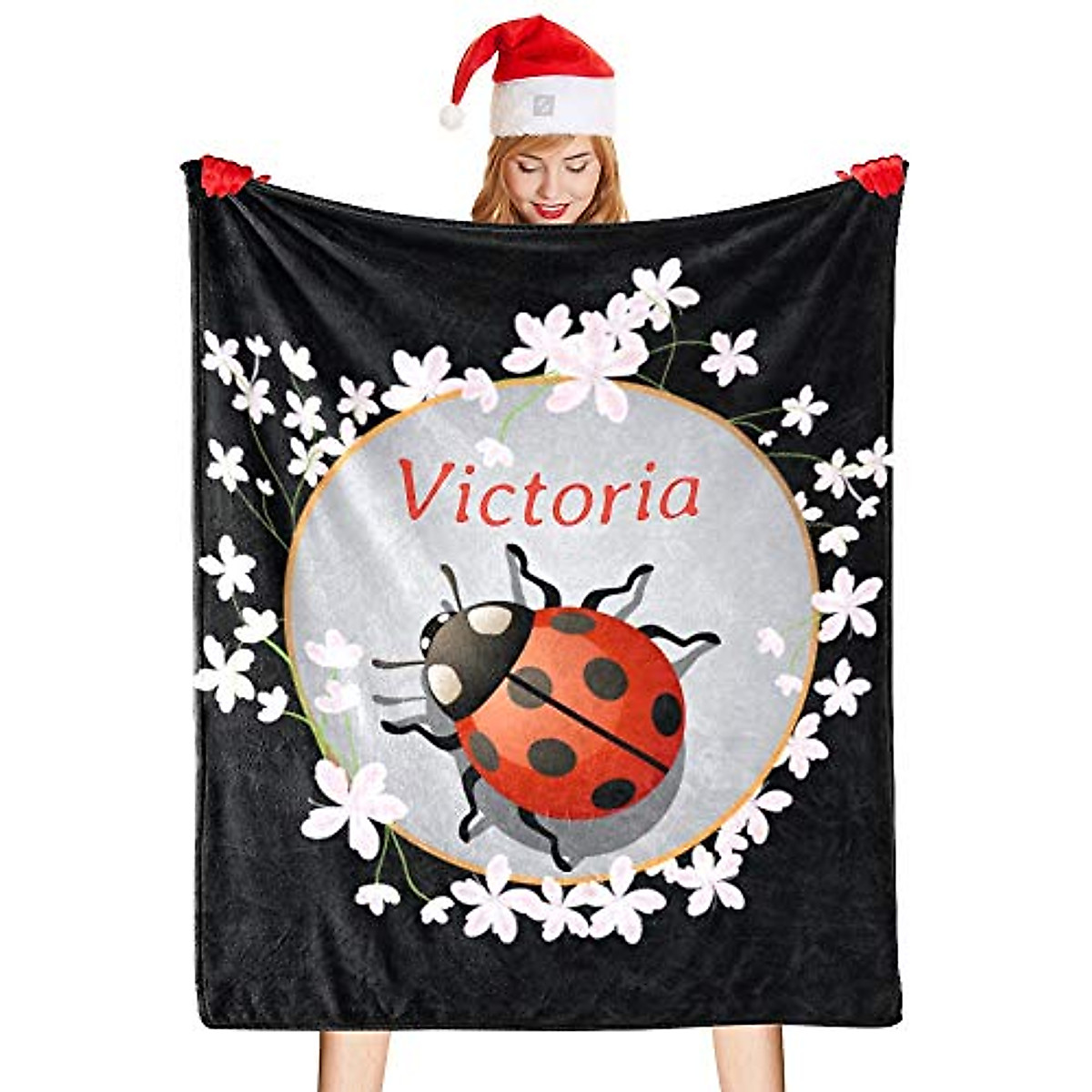 Custom Blanket with Name Text,Personalized Cute Ladybug on Pink Flower Super Soft Fleece Throw Blanket for Couch Sofa Bed (50 X 60 inches)