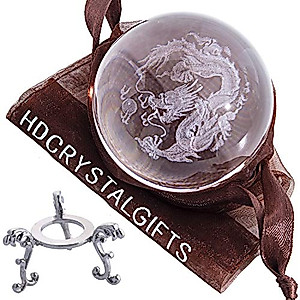 HDCRYSTALGIFTS Crystal 2.4 inch (60mm) Chinese Dragon Crystal Ball with Sliver-Plated Flowering Stand,Fengshui Glass Loong Ball Home Decoration