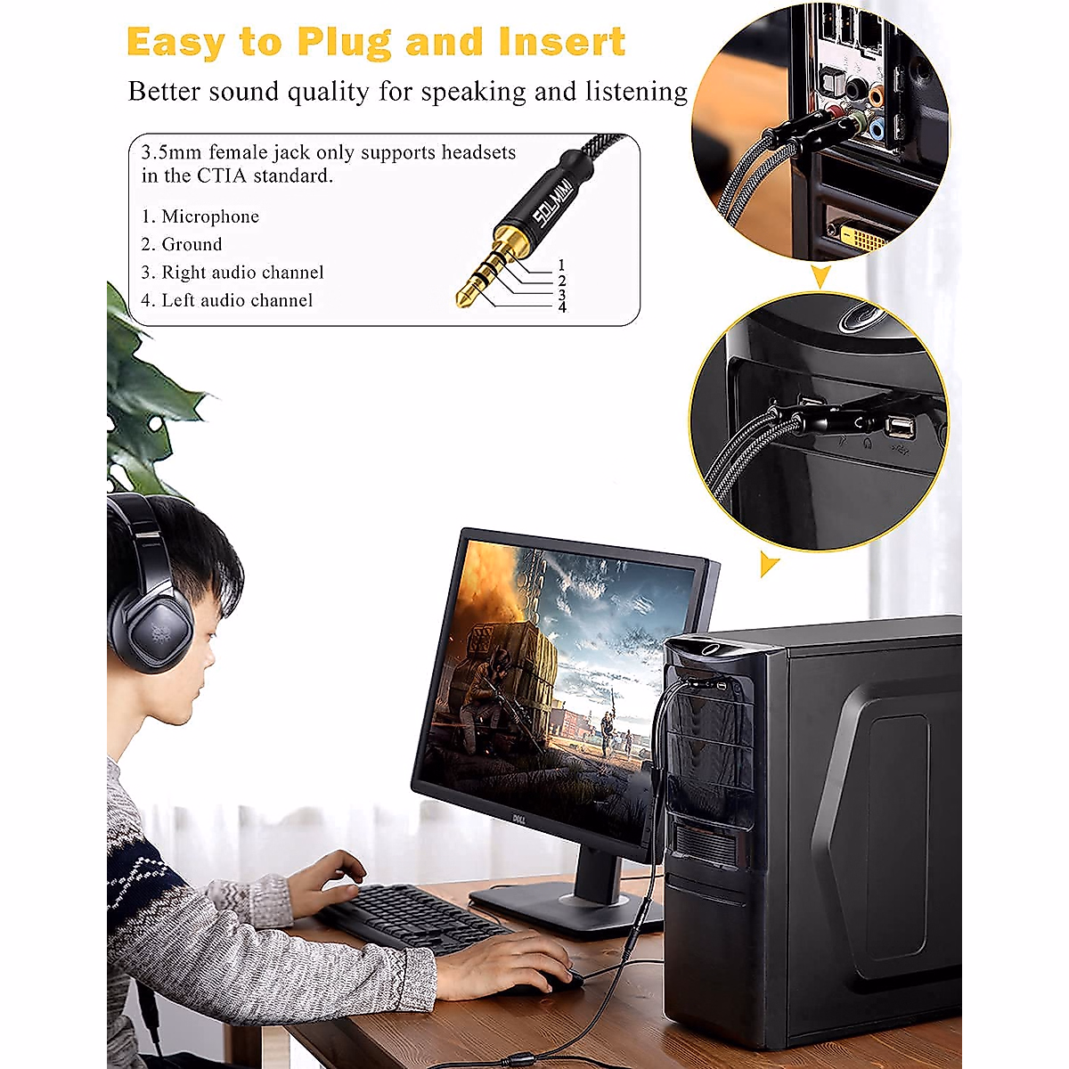 SOLMIMI Bundle Headset Splitter Cable with 4 Pole TRRS Headphone Extension Cable 4FT