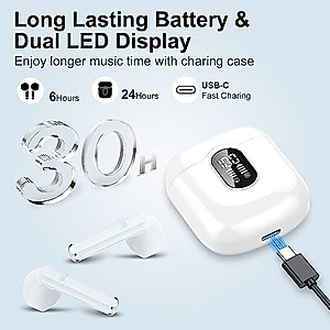 Aptkdoe Wireless Earbuds, Bluetooth 5.3 Headphones with Hi-Fi Stereo Clear Call Mic, 30 Hrs Playtime Bluetooth Earbuds Touch Control with LED Display, IPX7 Waterproof Earphones for iOS Android White