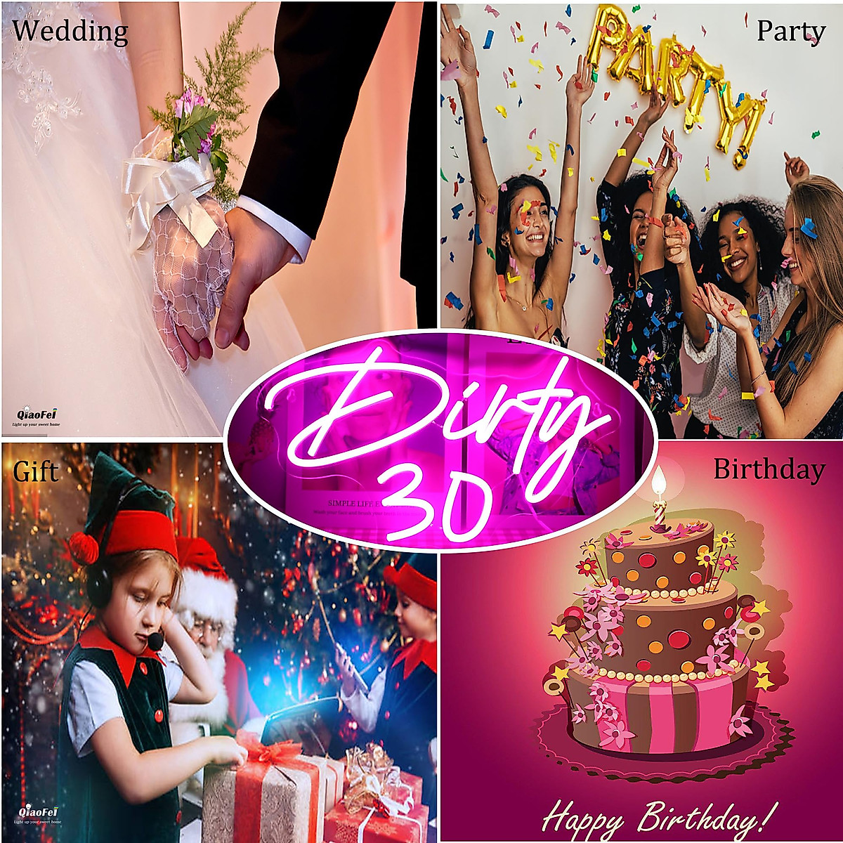 QiaoFei Led Dirty 30 Pink Neon Sign Letters USB Powered with Dimmer Switch Neon Lights for Girls Room Home Art Wall Decor 30th Birthday Party Window Living Room Decor Birthday Gift(Pink)