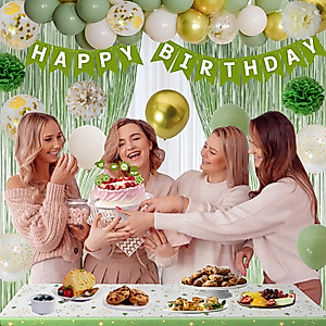 Sage Green Birthday Decorations for Women Girls, Olive Green Happy Birthday Party Decorations, Green Happy Birthday Banner Birthday Balloons Fringe Curtain Tablecolth Bday Party Supplies Gold White