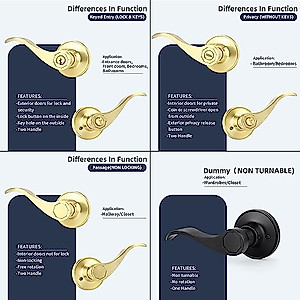 LOQRON Wave Style Door Lever Keyed Entry Door Handle with Lock, Entrance Lever Reversible for Left/Right Handed for Office or Front Door with Satin Brass Finish, 1 Pack