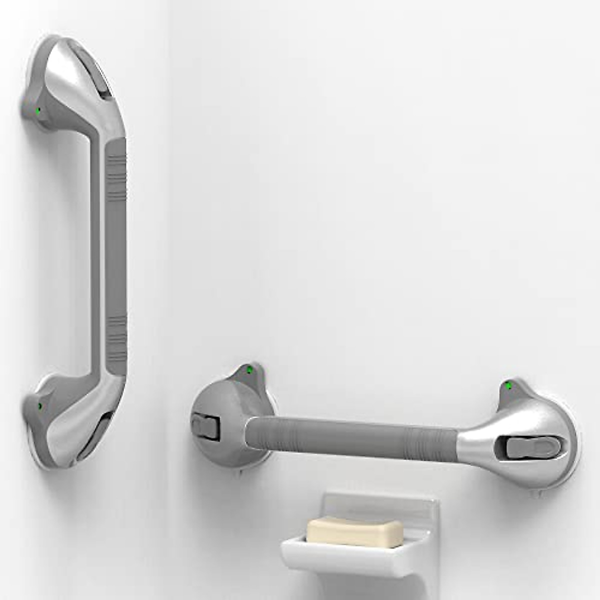 SAFETY+BEAUTY 16.5‘’ 2 Pack Suction Shower Grab Bar with Indicators, Balance Assist Bathroom Bathtub Handle, Silver/Grey