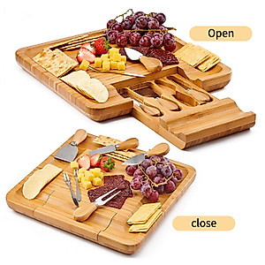 Utoplike Cheese Board Set, Bamboo Charcuterie Boards Server, Large Chacutery Platter Serving Tray with 4 Stainless Steel Knife Folks in Drawer, Perfect for Birthday, Housewarming