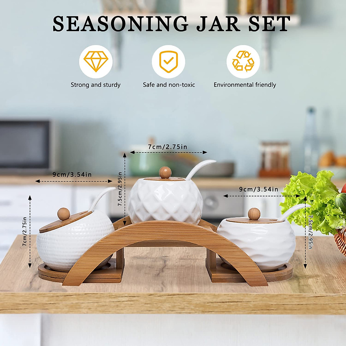 MIATTCLD Porcelain Condiment Jar Spice Container with Bamboo Lids & Tray, Ceramic Serving Spoon, Set of 3, White, 170ML(5.8 OZ), Perfect Spice Storage for Home, Kitchen