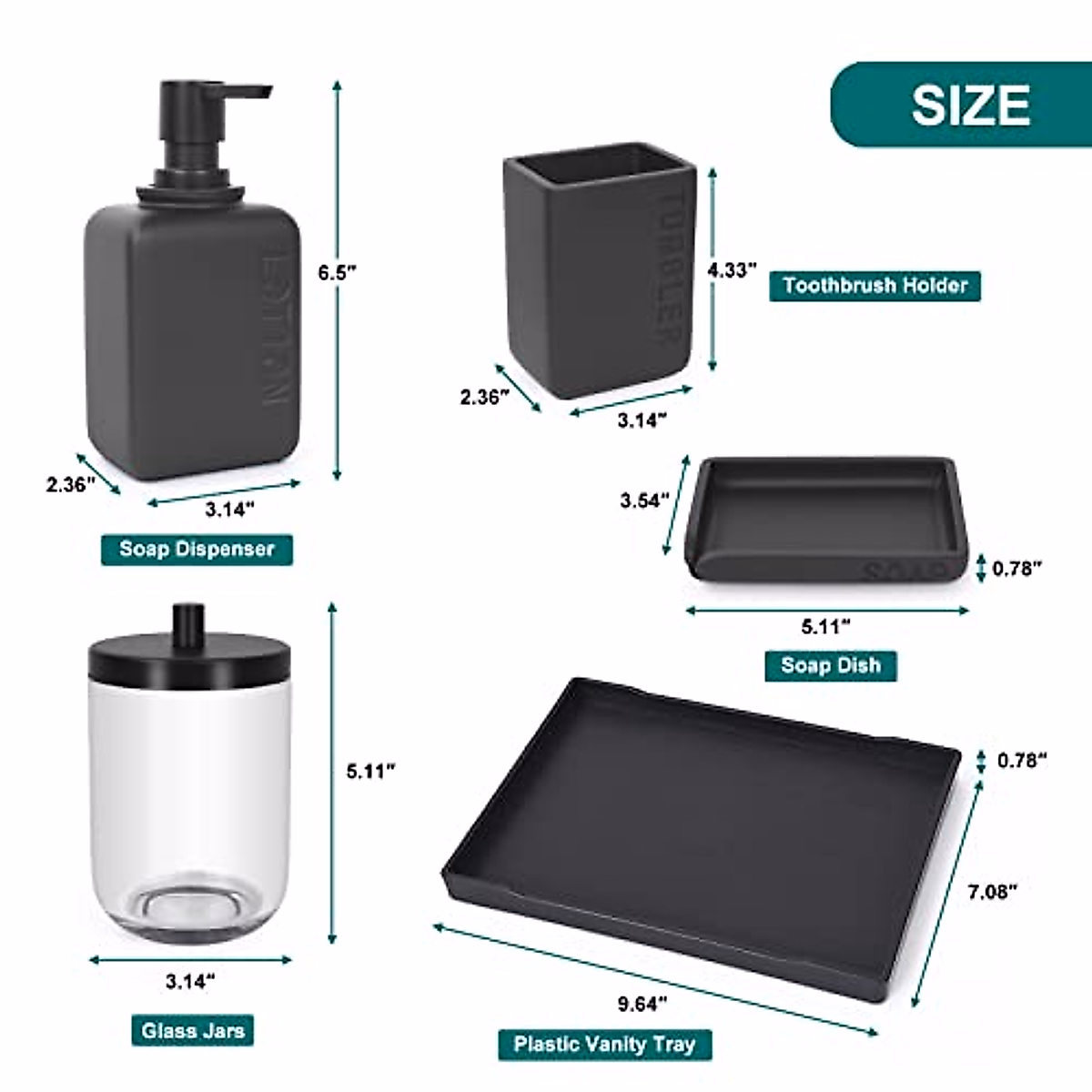 JDHEXY Black Bathroom Accessories Set,Bathroom Decor with Soap Dispenser,Toothbrush Holder,Glass Qtip Holder,Vanity Tray,Soap Dish for Kitchen,accesorios para baño,Bathroom Organizer Countertop