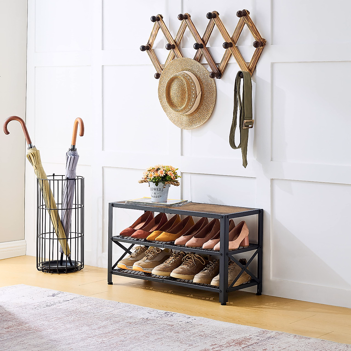 Hoctieon Shoe Rack, 3-Tier Shoe Organizer, 28in Small Wooden Shoe Bench for Front Door, Shoe Storage with Mesh Shelves for Entryway Living Room Hallway Closet, Rustic Brown (3-Tier)