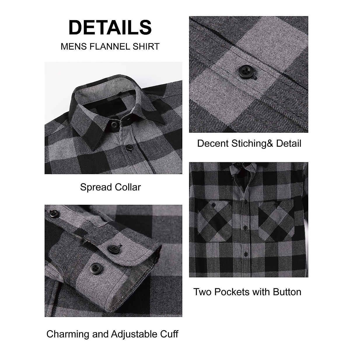 Esabel.C Mens Flannel Shirt Regular Fit Long Sleeve,Casual Button Down Plaid Flannel Shirt for Men,Grey/Black,L
