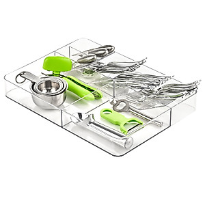 mDesign Modern Plastic Kitchen In-Drawer Cutlery and Utensil Organizer Tray Box for Kitchen Drawers/Pantry - Holds Knives, Spoons, Forks in Angled Compartments - 7 Sections - Clear