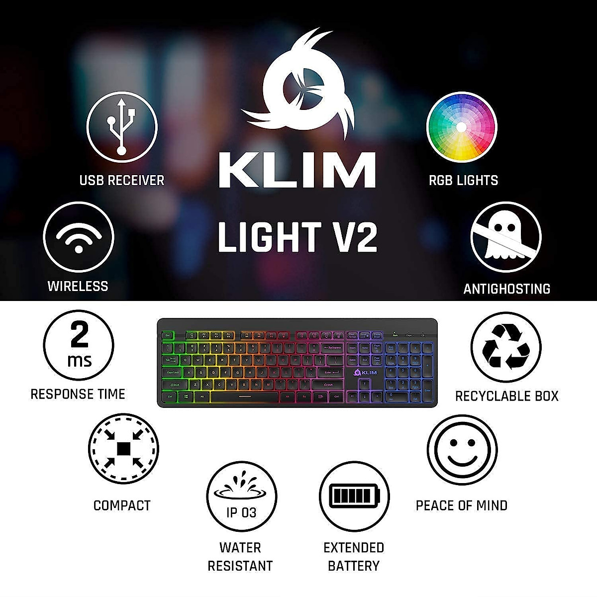 KLIM Wireless Bundle - RGB Mouse + Keyboard - Light v2 Wireless Gaming Keyboard + Blaze Wireless Gaming Mouse - Version New Version - Black