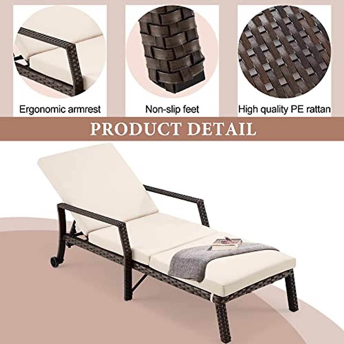 UPHYB Chaise Lounge Chair for Outside, Rattan Wicker Outdoor Lounge Chair, Adjustable Pool Lounge Chair with 2 Wheels & Thickened Cushion for Patio Poolside Deck (Khaki)