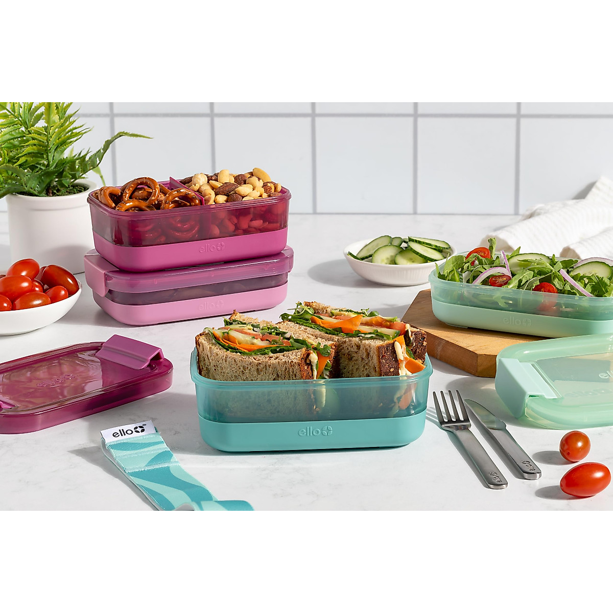 Ello 2-Pack Bento Box Lunch Stack Plastic Food Storage Container | Leak-Proof Locking Plastic Lids | Silicone Base | BPA-Free | Freezer Microwave and Dishwasher Safe | Mint Chip