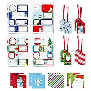 Hallmark Christmas Gift Tags with Ribbon, Sticker Seals, and Mini Notecards (Santa, Snowman, Stripes, Red, Green, Blue) for Gift Bags and Wrapped Presents