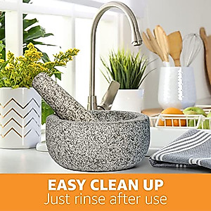 Heavy Duty Large Mortar and Pestle Set, Hand Carved from Natural Granite, Make Fresh Guacamole, Salsa, Pesto, Stone Grinder Bowl, Herb Crusher, Spice Grinder, 6.3" Wide, 2 Cup, Grey