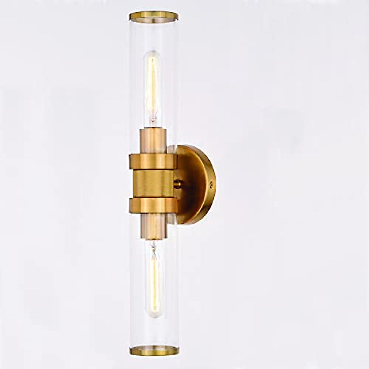 Levitt 2 Light Satin Brass Mid-Century Modern Industrial Bathroom Vanity Fixture Clear Glass