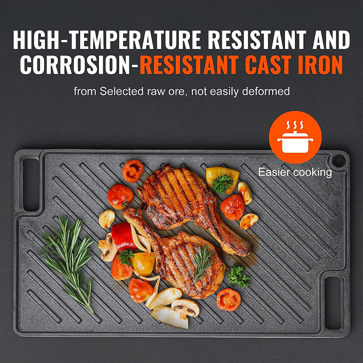 VEVOR Reversible Grill/Griddle, 9.7"x16.7" Pre-Seasoned Cast Iron Griddle, Rectangular Double Burner Griddle Pan, Non-Stick Family Pan Cookware with Handles, Flat Top Plate for BBQ, Gas Grill, Black