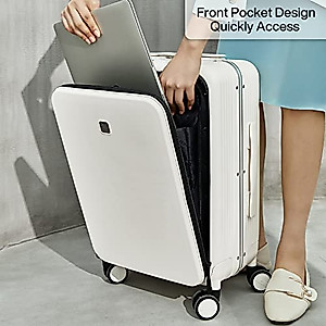 Hanke 20 Inch Carry On Luggage with Front Pocket Aluminum Frame （Can Not Open in The Middle） Hard Shell Suitcases with Wheels Rolling Luggage Suitcase with Lock Travel Luggage for Weekender-Smoke White