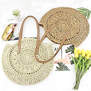 Beach Bag Straw Handbags for Women Natural Chic Large Round Bohemian Shoulder Hand Bag Wallet Purse with Boho Pom Pom Tassel Bag Charm Key Chain (Khaki)