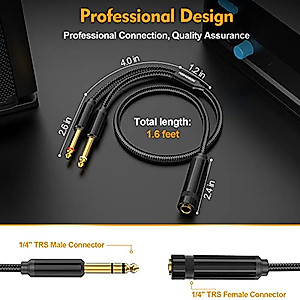 HOSONGIN 1/4 TRS Stereo Jack to Dual 1/4 TS Mono Y-Splitter Insert Cable, Nylon Braided Jacket Gold-Plated Plug Double Shielding Cable, 1 Feet