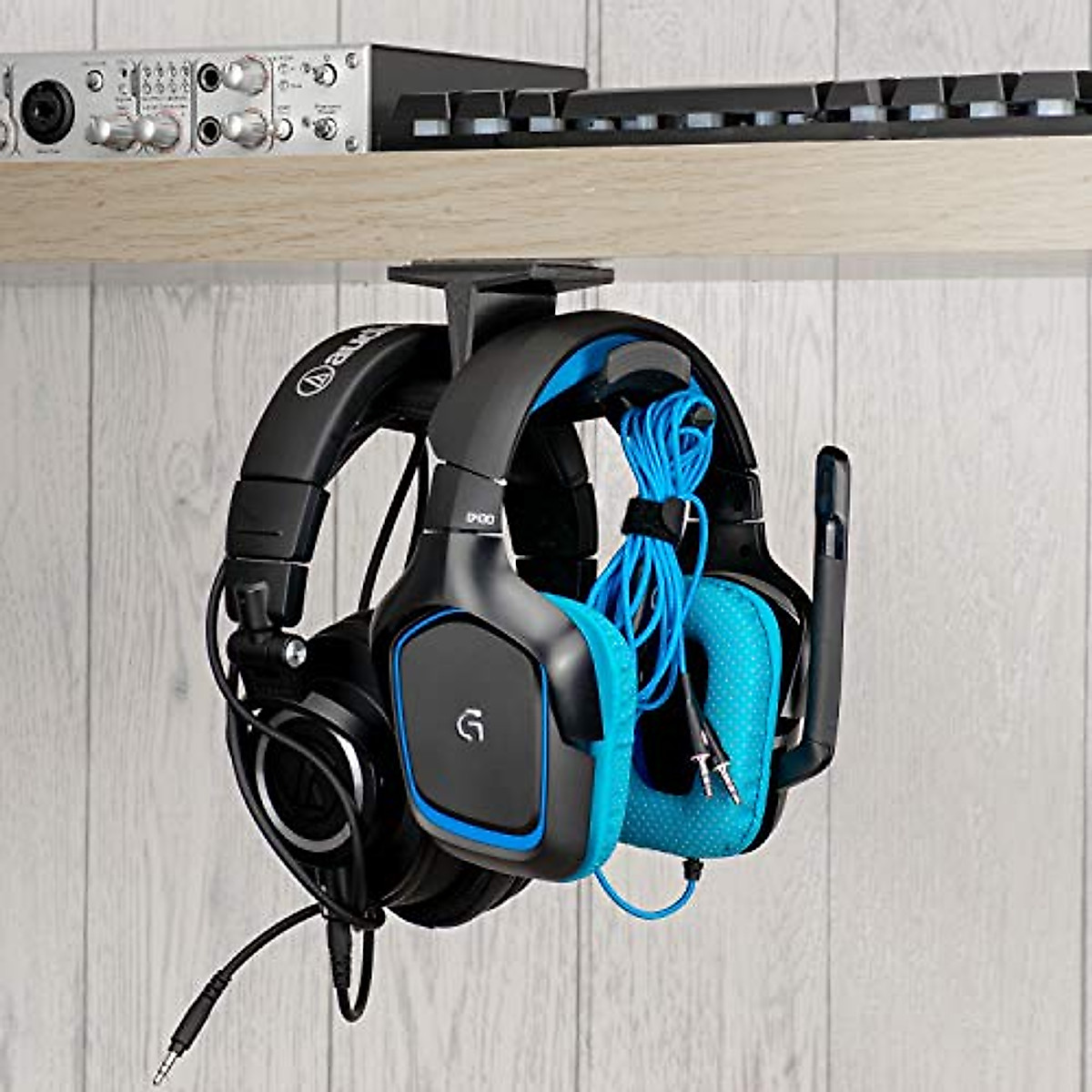 BRAINWAVZ UltraT Large Under Desk Headphone Stand Mount Holder, for Gaming, Music, Mobile Headsets Hanger, No Screws, Cable Hook (Black)
