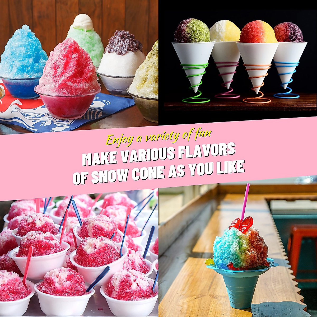 JoyMech Manual Shaved Ice Maker Machine Set with 10 Cardboard Cones, 10 Slushy Straws and 3 Ice Trays, Instant Ice Shaver, Snow Cone Machine, Ideal for making Snowcones and Slushy (Pink)