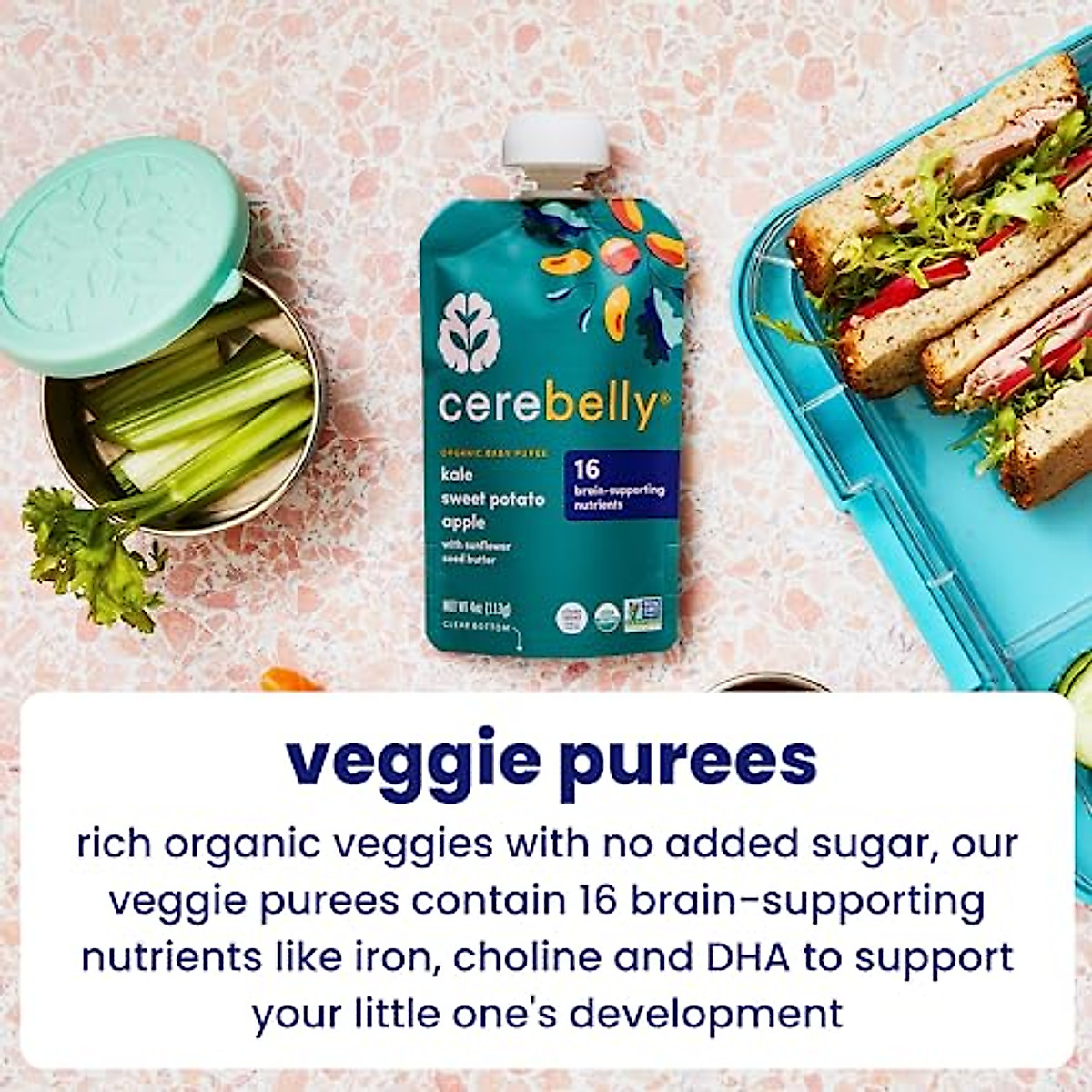 Cerebelly Organic Baby Food Pouches Kale Sweet Potato Apple (4 Ounce, 6 Count) - Toddler Snacks - 16 Brain-supporting Nutrients from Superfoods - Healthy Snacks, Gluten-Free, BPA-Free, No Added Sugar