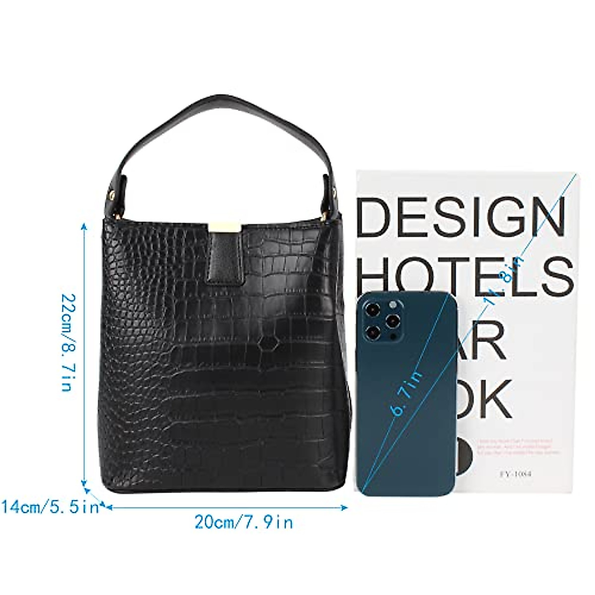 LABANCA Women Retro Alligator Bucket Bags Crocodile Pattern Designer Shoulder Bag Ladies PU Purse Crossbody Wallet Bag, Black