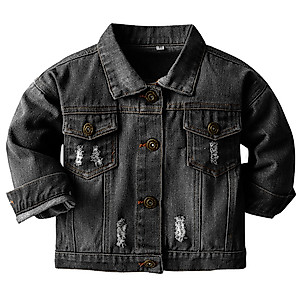 Cromoncent Boys Girls Child Casual Denim Jacket Kids Toddler Button Down Coat，Denim Black 5-6Y