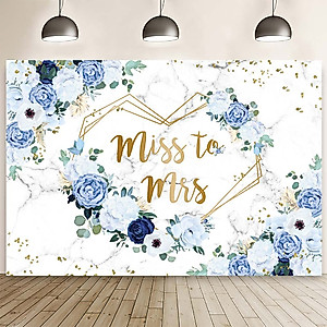 AIBIIN 8x6ft Miss to Mrs Floral Backdrop for Bridal Shower Blue and White Flowers Photography Background Hearts Geometric Couple Wedding Party Decorations Bride to Be Engagement Banner Props