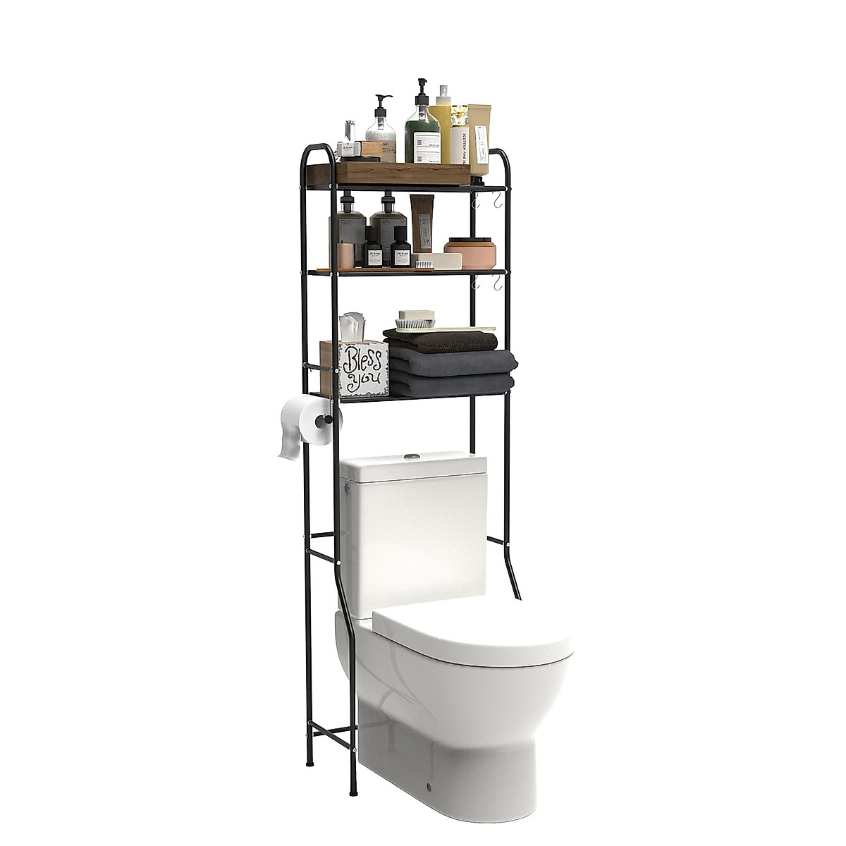 CAMOAT Over The Toilet Storage Shelf, Metallic Black 3-Tier Over Toilet Bathroom Organizer, Adjustable Foot Height with 4 Hooks 19.3" Wide Toilet Shelf Rack