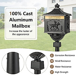 Giantex Cast Aluminum Mailbox with Post - Locking Residential Mailboxes for Outside with Keys, Baffle Door, Expansion Bolts, Address Panel, In-Ground Rust-Proof Large Security Postal Mailbox (Black)