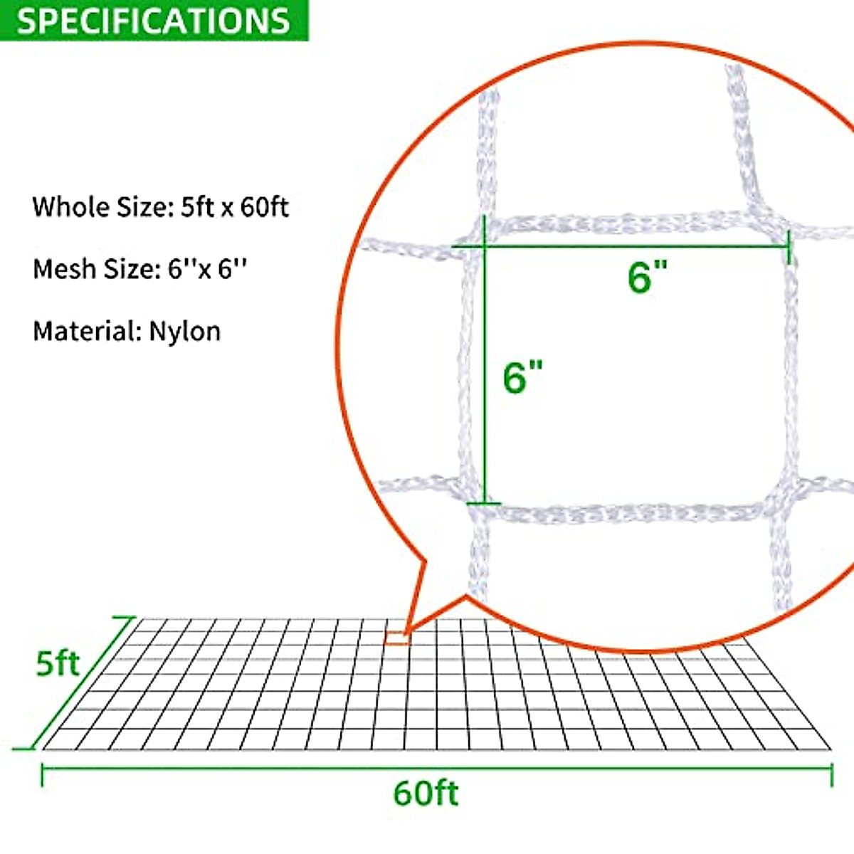 SKINNYBUNNY 5x60ft Trellis Netting, Durable Garden Grow Netting, Heavy-Duty Nylon String Net, Designed for Climbing Vining Plants, Fruits and Vegetables, Hydroponics, Fit in All-Weather, 1-Pack