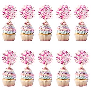 Firework Cupcake Toppers, 10 Pcs Foil Firework Birthday Cupcake Decoration Sparkle Firework Cake Topper Birthday Cupcake Topper for Graduation New Year Party Decorations (Pink)