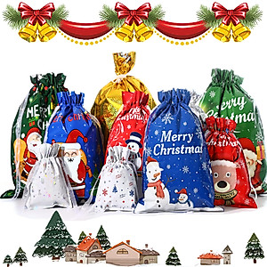 Christmas Drawstring Gift Bags Reusable Xmas Present Fast Wrapping Foil Bags with Gift Tags, Assorted Size Gift Bags for Birthday Goody Holiday Treat or Party Favor (30 PCS)