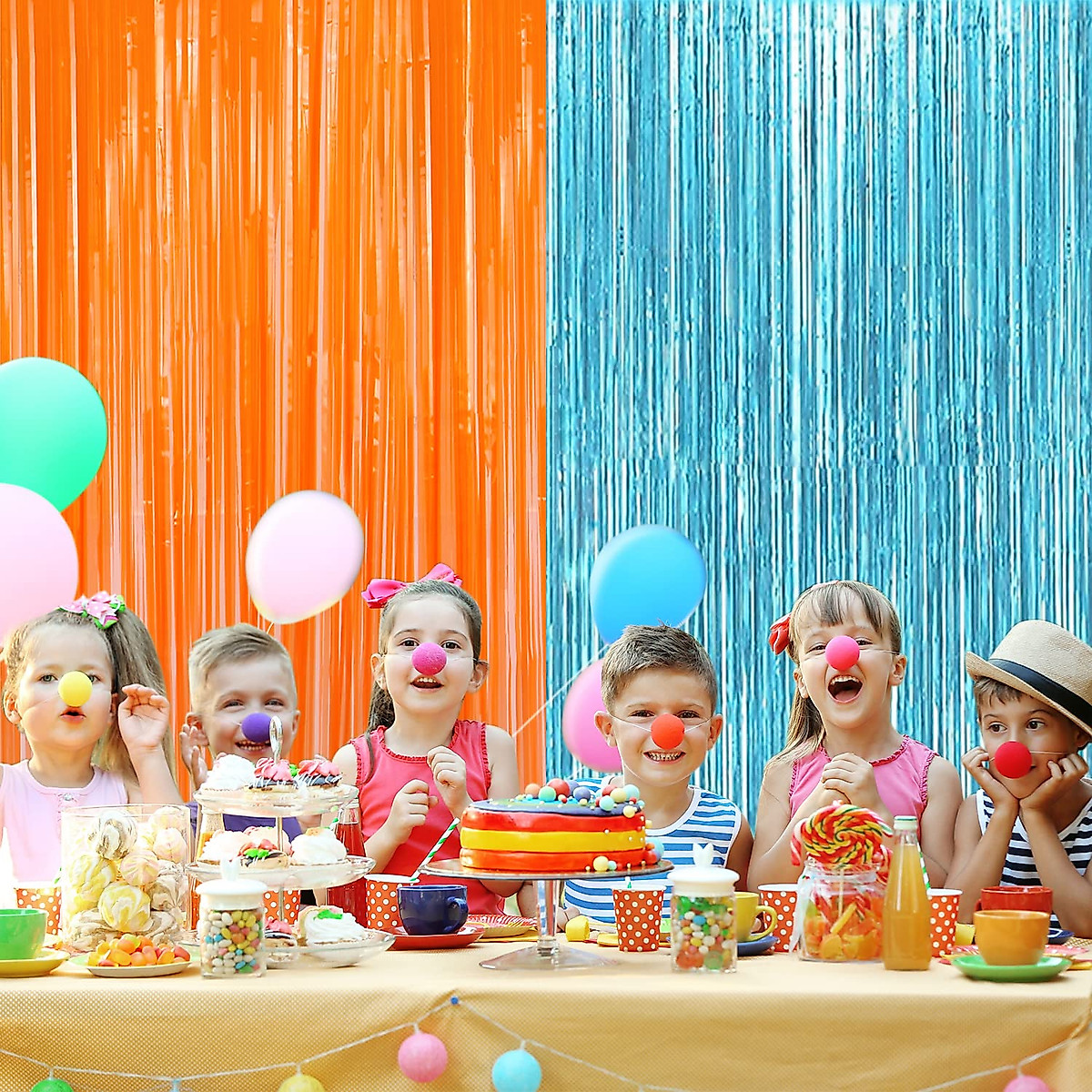 MIKIMIQI 2 Pack Blue Orange Foil Metallic Fringe Curtains for Party Decorations Blue Orange Curtain Backdrop Streamer for Birthday Party Dart War Party Supplies Party Decors, 3.25ft x 6.5ft x 2pcs