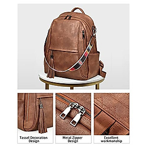FADEON Leather Laptop Backpack Purse for Women Laptop Backpacks, Designer Mutiple Pockets Ladies Shoulder Bags Brown