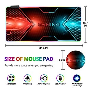 RGB Gaming Mouse Pad, DINKY Large Extended Soft Led Mouse Pad with 14 Lighting Modes, Water Resist Keyboard Pad, Computer Keyboard Mousepads Mat 35.4×15.8 inches-Cool Gaming