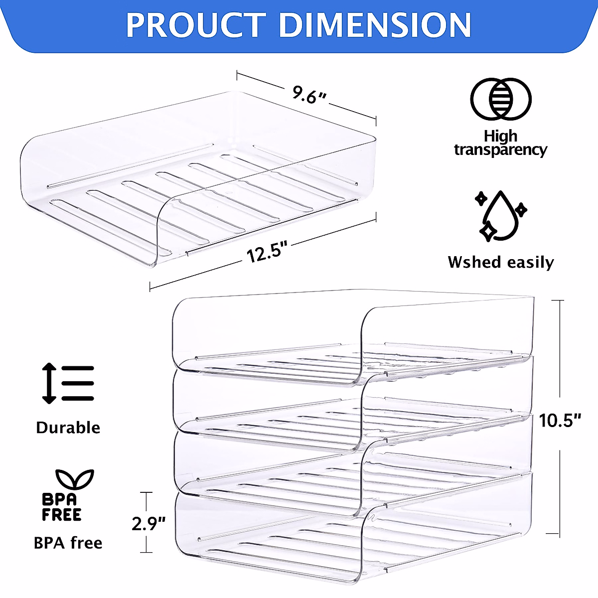 CiWiVOKi Set of 4 Office Organization and Storage, Clear PET Letter Tray Desk Organizer, Stackable Paper Tray Organizer for Desk Accessories, Notes, Pens, File Paper, Document