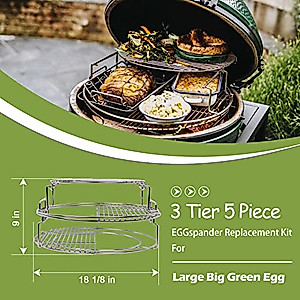 KAMaster 3 Tier 5 Piece EGGspander Replacement Kit for Large Big Green Egg,Stainless Steel Grill Stack Rack with Removable Cooking System,BBQ Grill Basket Grill Expander Rack Ultimate Set Fit L BGE