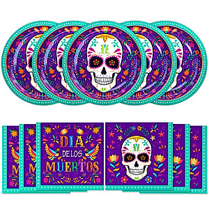 DYLIVeS Day of the Dead Plates and Napkins Party Supplies, Dia de Los Muertos Plates and Napkins Set Sugar Skull Disposable Dinnerware for Mexican Fiesta Carnival Halloween Party Decorations, Serve 50