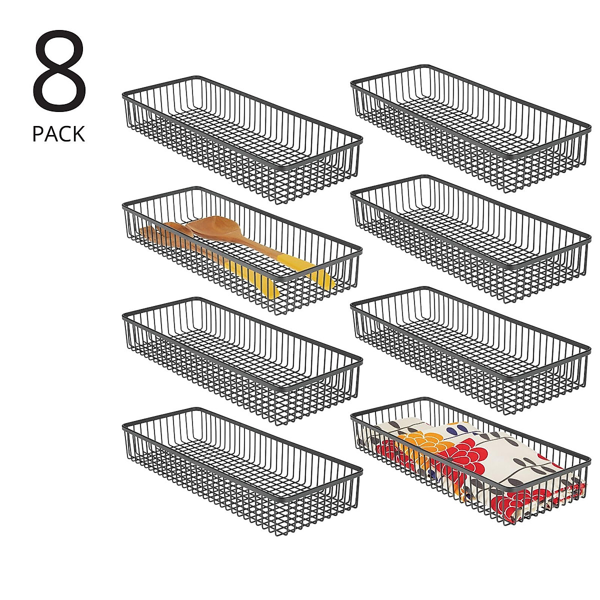 mDesign Metal Farmhouse Kitchen Cabinet Drawer Organizer Basket Tray, Shallow Storage Bin for Cutlery, Serving Spoons, Cooking Utensils, Appliances, Gadgets, Unity Collection, 15" Long, 8 Pack, Black