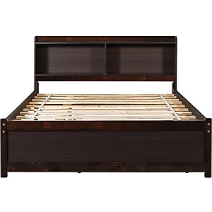Harper & Bright Designs Full Bed Frame with Trundle, Full Trundle Bed with Bookcase Headboard, Wood Full Size Platform Bed with Twin Trundle Bed Under for Kids Girls Boys, Espresso