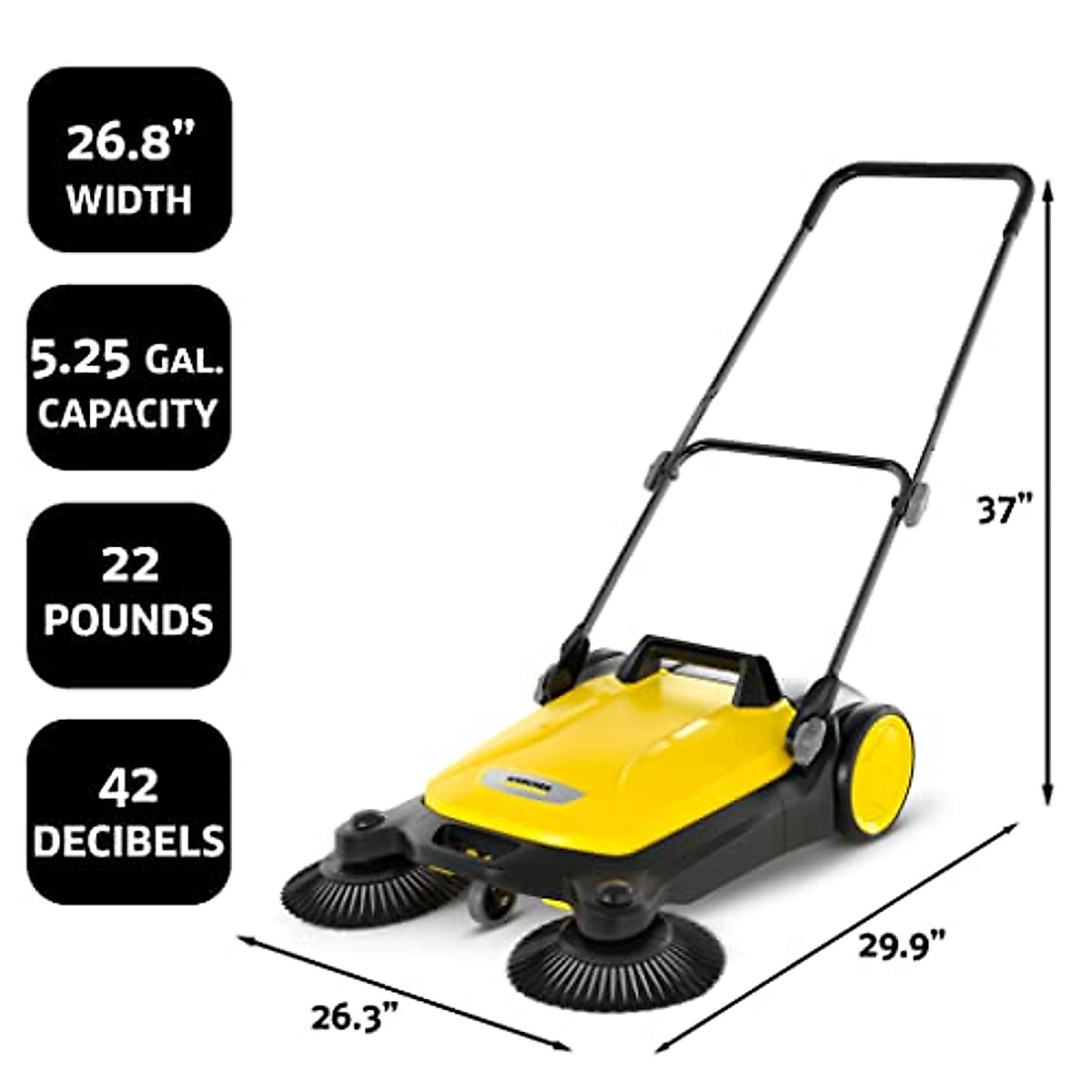 Karcher S 4 Twin Walk-Behind Outdoor Hand Push Floor Sweeper - 5.25 Gallon Capacity, 26.8" Sweeping Width, Sweeps 26,000 Square Feet/Hour