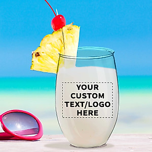 Custom Plastic Stemless Wine Glasses 16 oz. Set of 50, Personalized Bulk Pack - BPA Free, Great for Outdoor Lounges, Poolside, Parties and Other Events - Clear